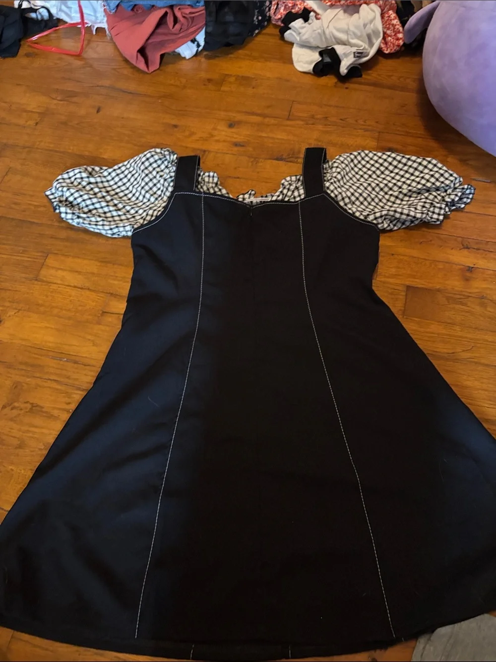 Dresses | Black Buttonfront Pinafore Dress With Gingham Puff Sleeves ...